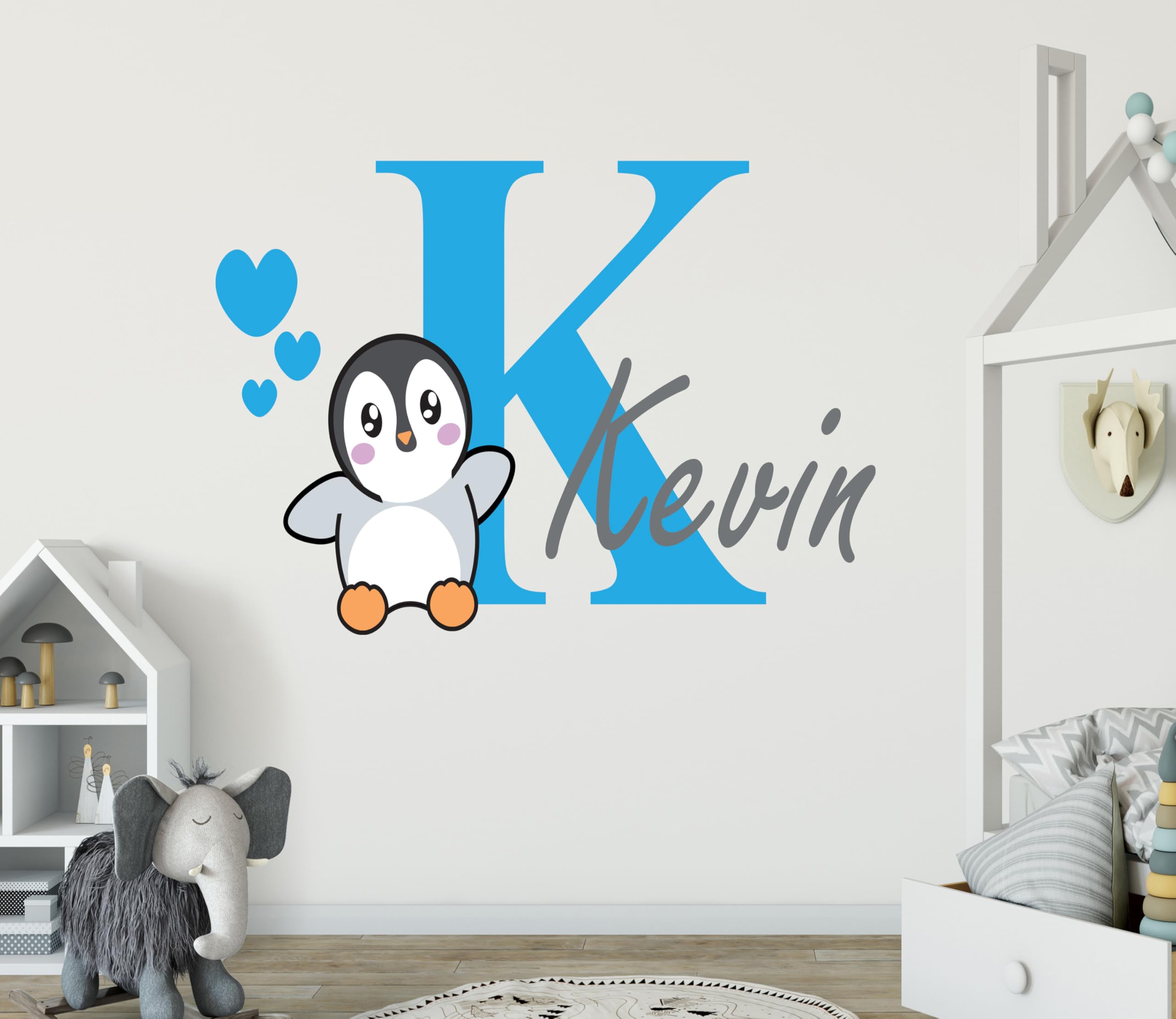 CuteDecals Love Penguin Custom Name - Personalize Penguin Name Wall Art - Unisex Wall Decal for Nursery Playroom Bedroom Decoration (Wide 16Inx9In Height)
