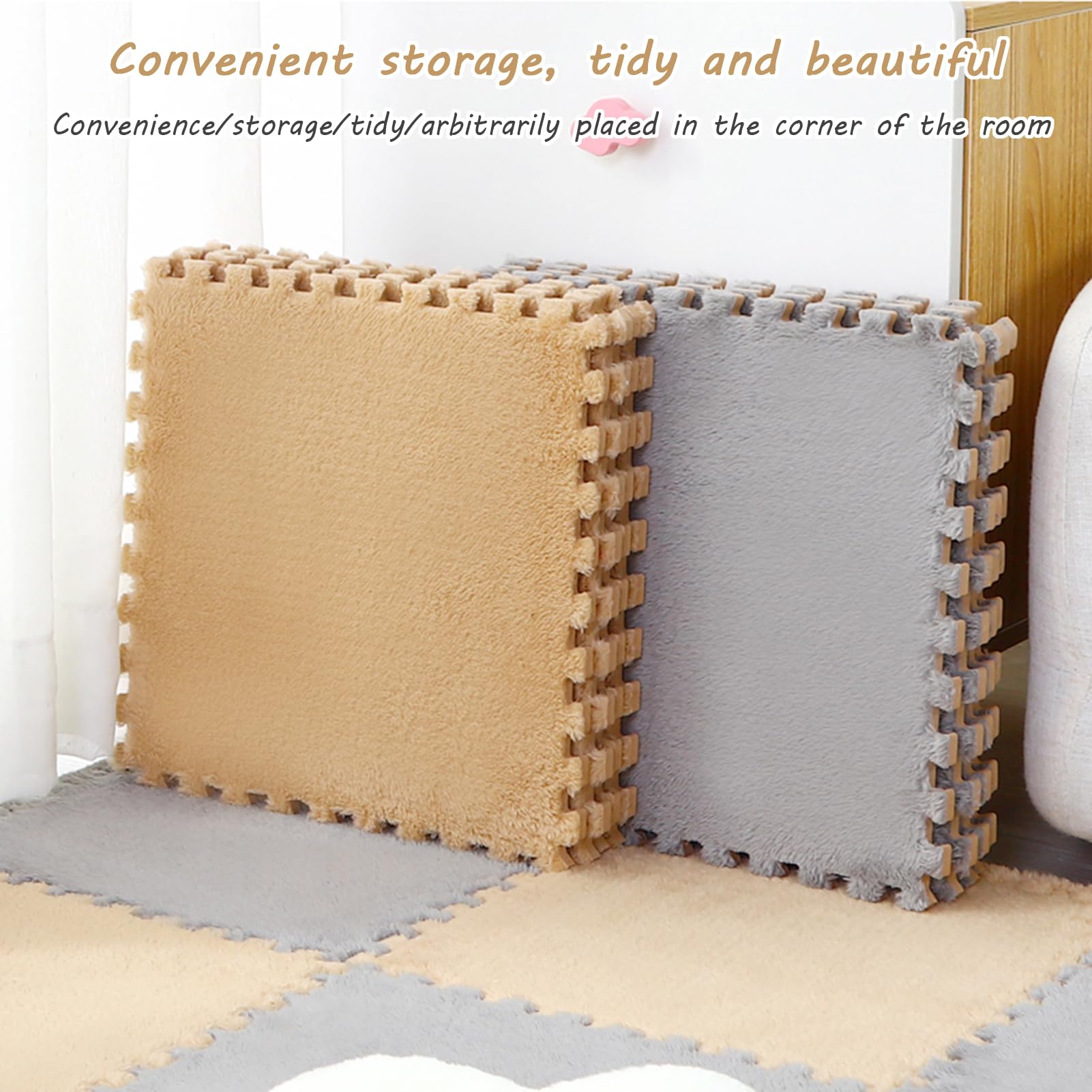 10pcs Puzzle Play Mats, 12" X 12" Plush Interlocking Carpet Tiles, Foam Square Area Rugs for Play Room, Bedroom, Easy to Install DIY(Color:White+Khaki)