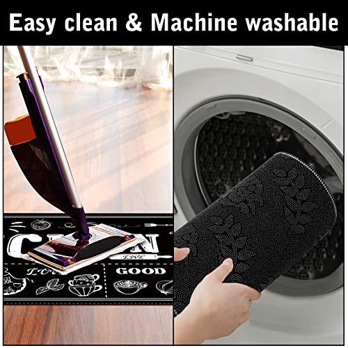 3 Pcs Kitchen Rug Set Non Skid Thick Black Kitchen Rugs and Mats Stain Resistant Anti Fatigue Mats for Kitchen Microfiber Floor Non Slip Backing Mat, 15.7" x 47.2", 15.7" x 23.6" (Kitchen Style)