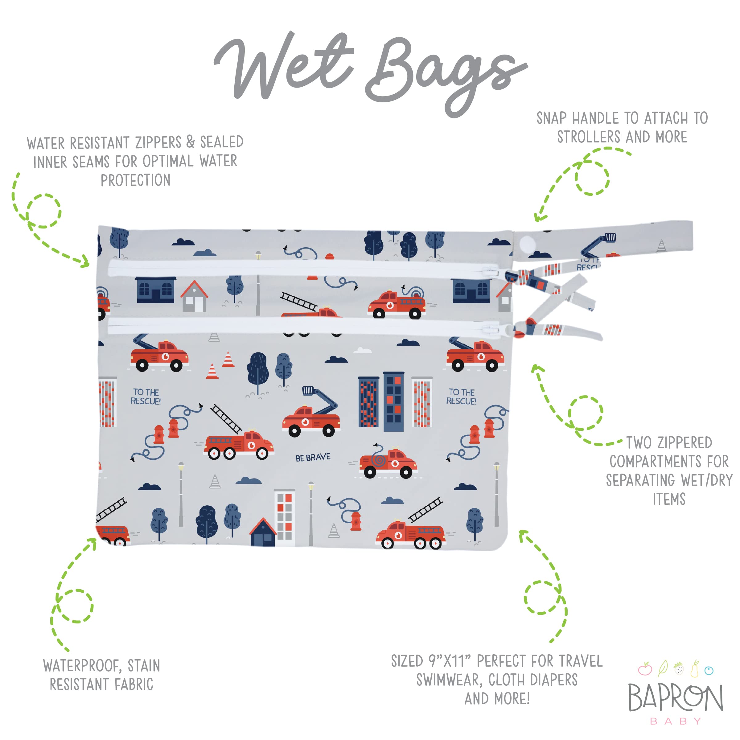 BapronBaby Be Brave Firefighter Wet Dry Bag - Waterproof Two Zipper Pockets - Reusable for Mealtime, Diapers, Stroller, Snacks, Swimsuits - Machine Washable - 11" x 9"