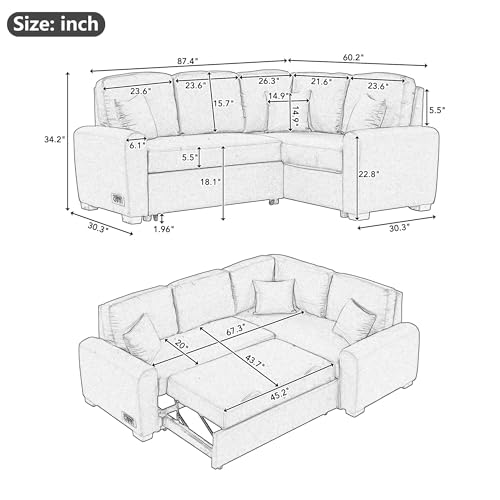 3 in 1 Convertible Sectional Sofa with Pull Out Bed , 87.4" L Shaped Corner Couch with USB Charging Ports & Plug Outlet , Breathable Linen Fabric Conversion Sofabed for Living Room Office Furniture