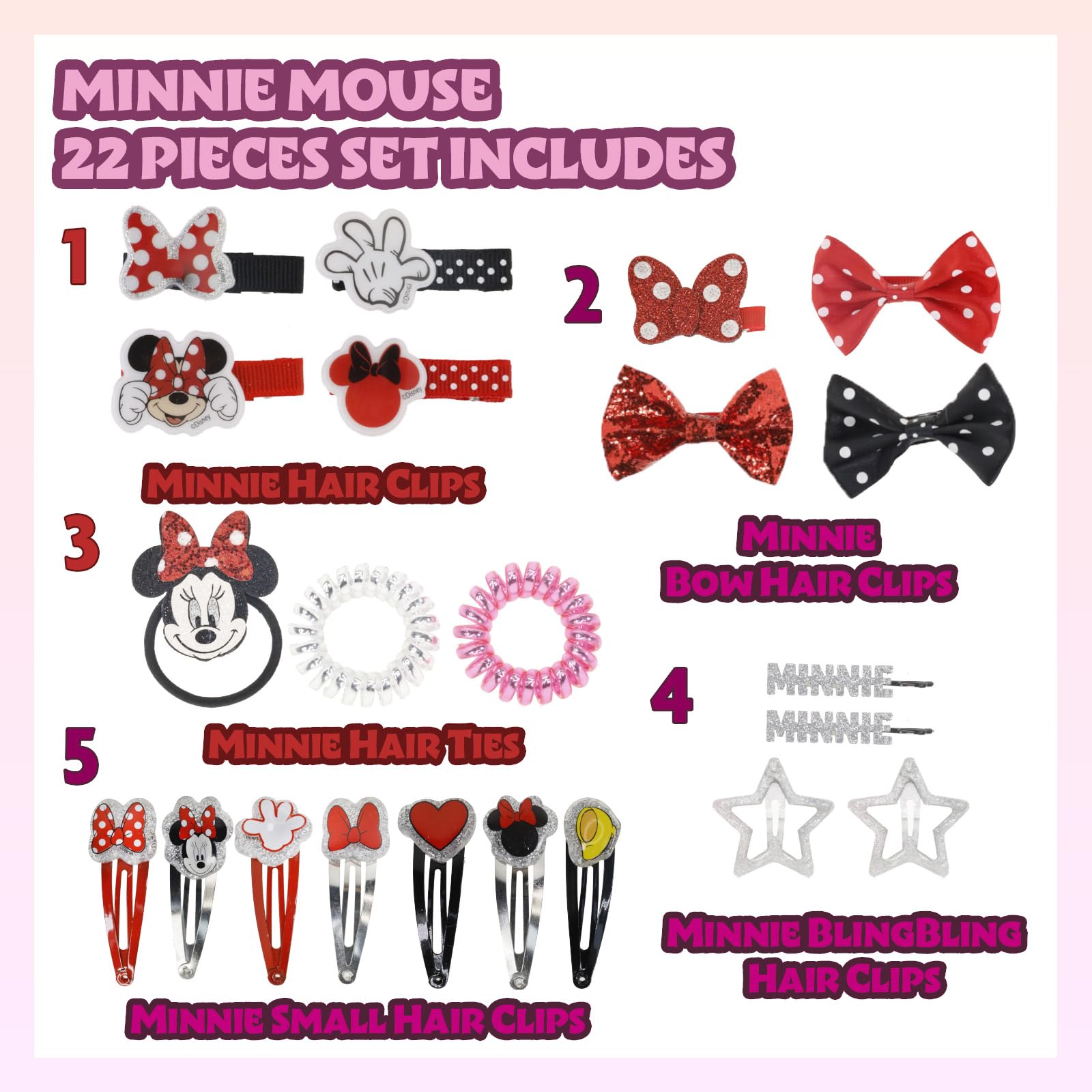 Disney Minnie Mouse Hair Accessories Set for Kids, Perfect for Parties, Sleepovers and Makeovers, Ages 3+, By Townley Girl