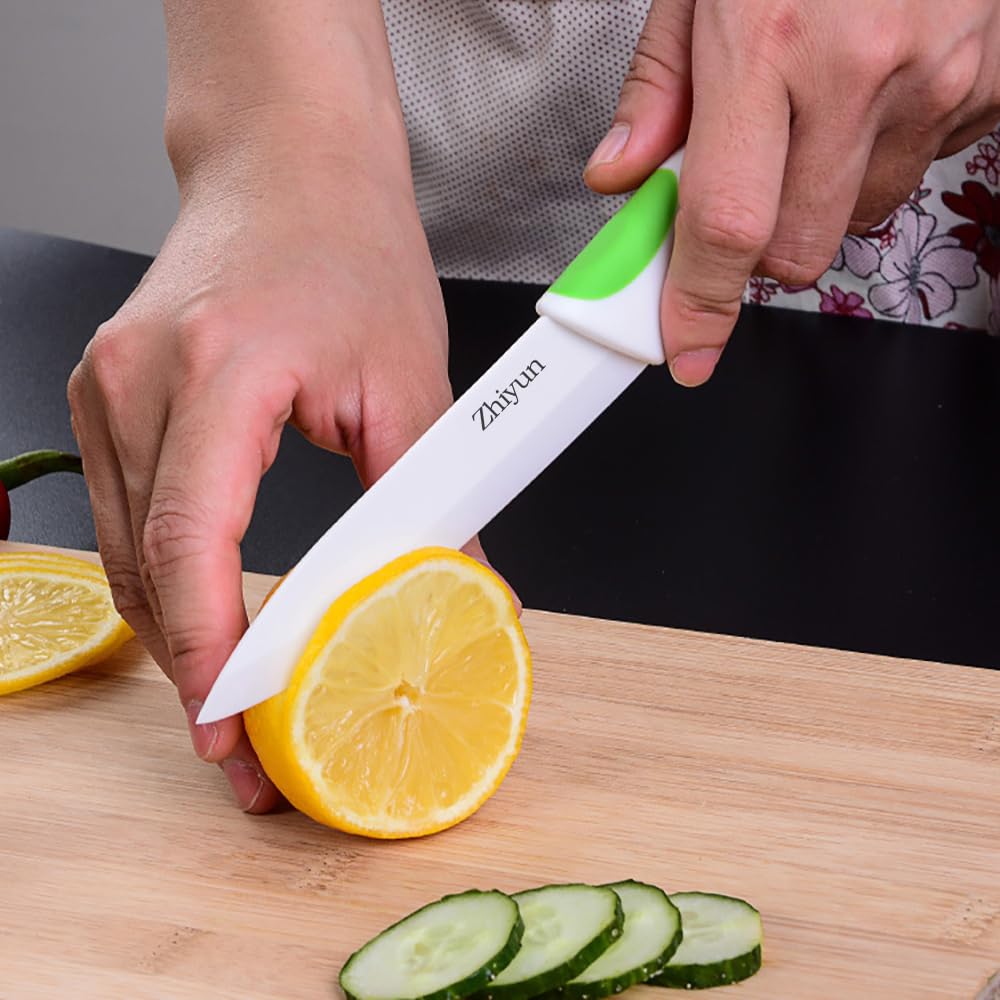 3 Pack Ceramic Knife set with Sheaths, 5-Inch Utility Knife, 4-Inch Fruit Knife, 3-Inch Peeling Knife, Zirconia Blade with Ergonomic Handle.Use for Meat Fruit Vegetable Bread and Butter.