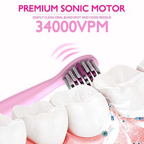 CHAIN PEAK Kids Sonic Electric Toothbrush, Rechargeable Smart Toothbrush for Children Toothbrush for Toddlers Age 3-12 with 30s Reminder, 2 Mins Timer, 6 Modes, 6 Brush Heads, Wall-Mounted Holder