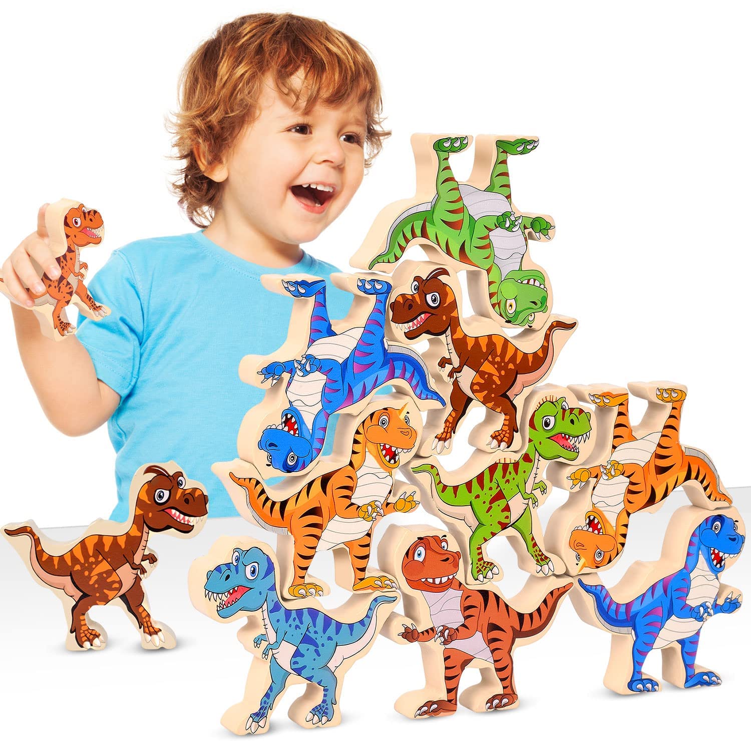 ACOUCB Wooden Dinosaur Stacking Toys for Kids 3-7, 16pcs Large Sensory Montessori Toys, Balance Competition Game Building Toys, Easter Basket Stuffers, Birthday Gift for Boys Girls