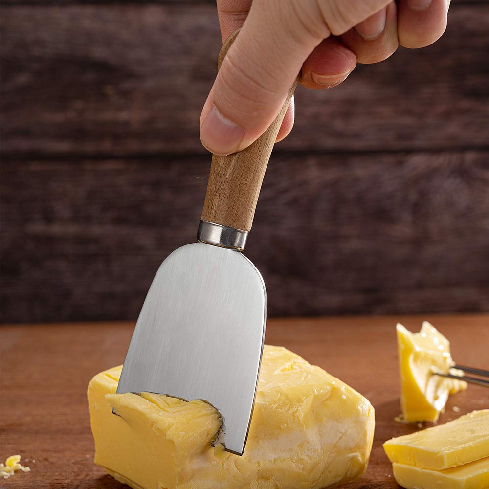 4 Piece Set Cheese Knife - Stainless Steel Cheese Cutter Board and Slicer, Fork Shaver and Spreader with Wood Handle, Sharp Butter Knife and Spatula for Cake Cutlery
