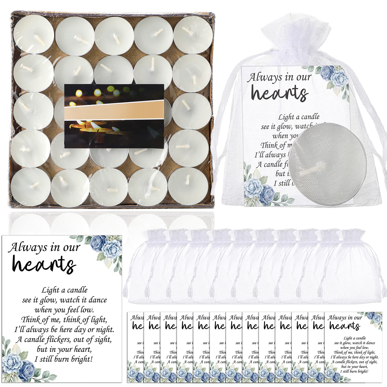 50 Set Funeral Party Favors Memorial White Candles Unscented Funeral Gifts Tealight Candles with Condolence Bereavement Cards and Organza Bags for Guest Celebration of Life Decorations (Elegant)