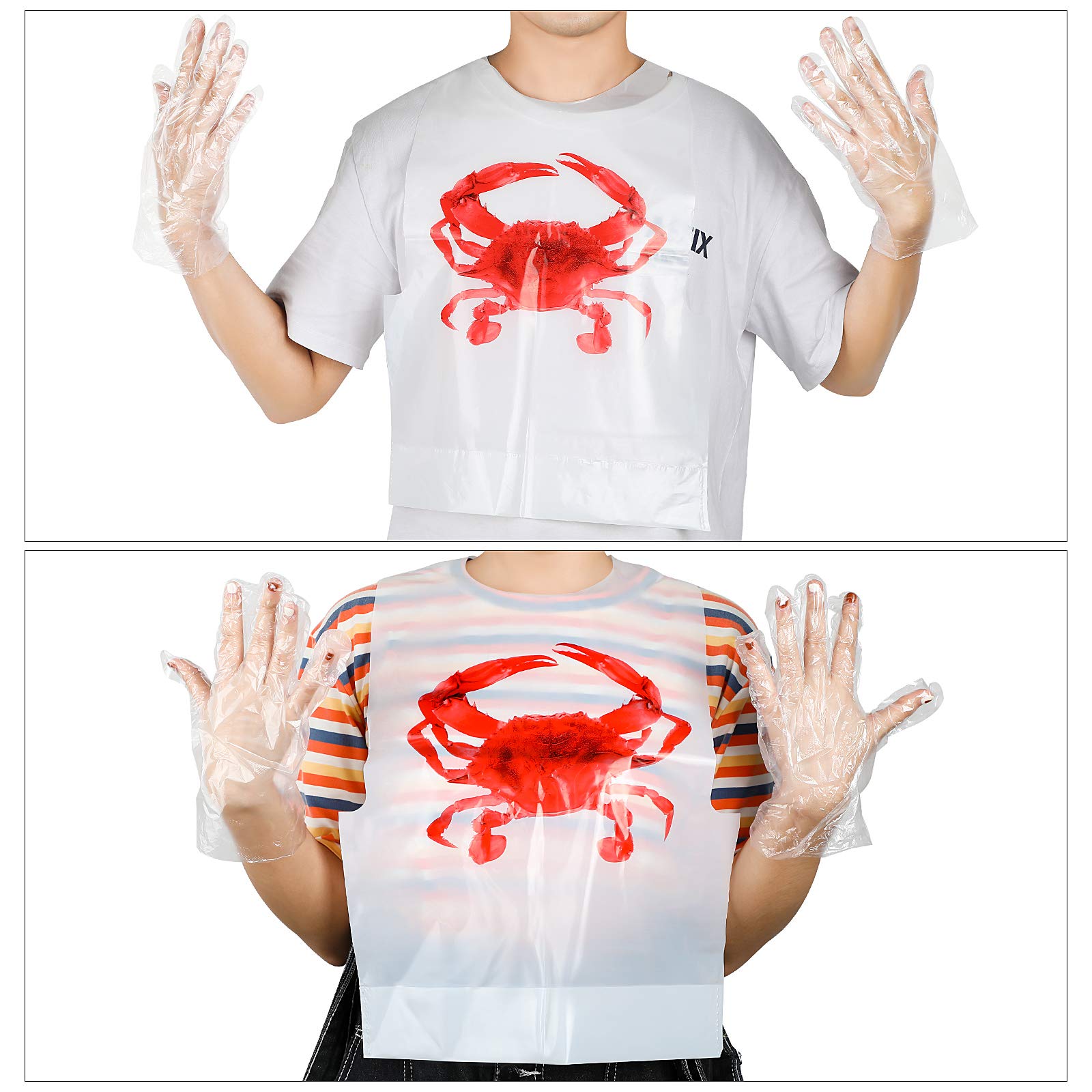 50pcs Crab Lobster Bibs and 50 Pairs of Plastic Disposable Gloves Disposable Adult Crab Feast Bibs for Seafood(Crab Style)