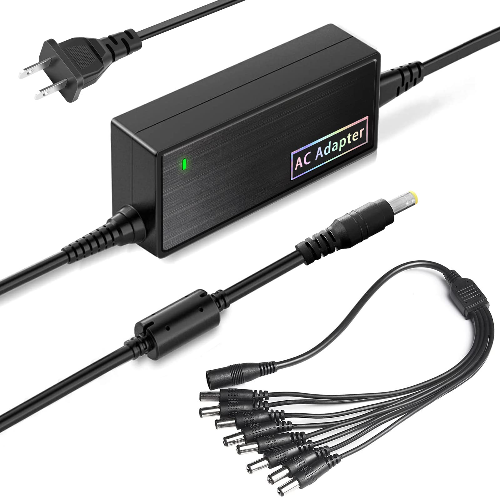 12V 5A Power Supply Adapter with 8-Way Power Splitter Cable, 100~240V AC to DC 12 Volt 5A 4A 3A 2.0A 1A Converter for Security Camera CCTV DVR Surveillance System