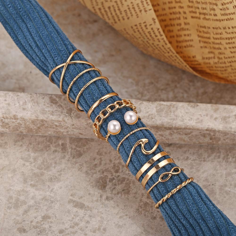 17 MILE 10 Pcs Gold Knuckle Stackable Rings Set for Women, Bohemian Gold/Silver Plated Comfort Fit Vintage VSCO Wave Joint Finger Rings Gift (Gold)