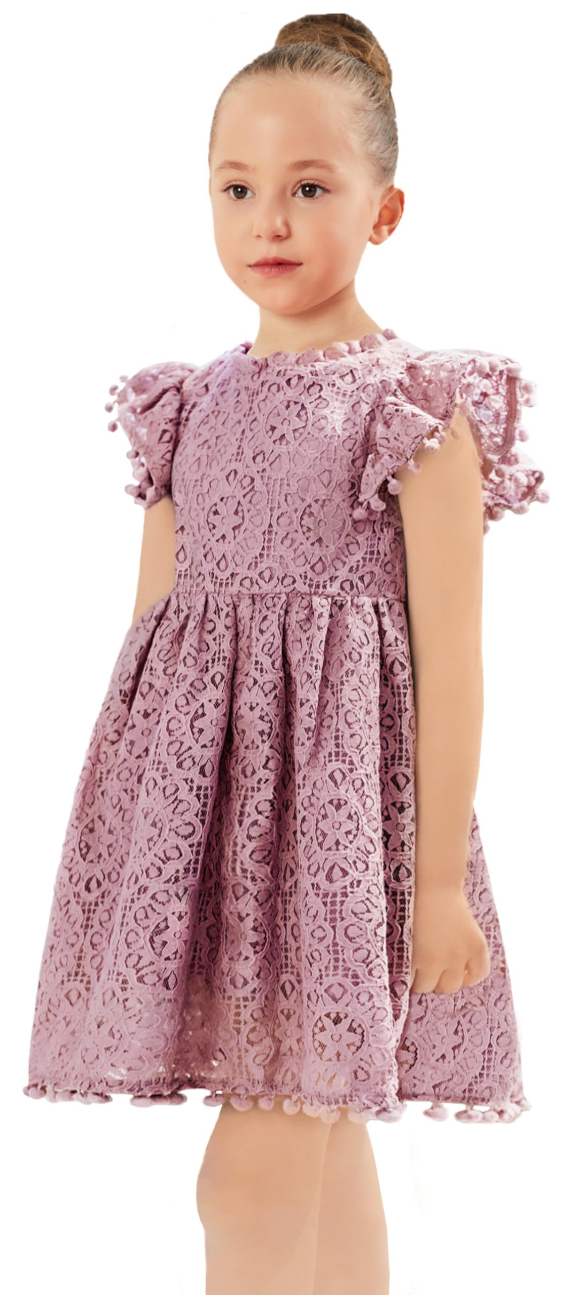 2Bunnies Girl Vintage Lace Pom Pom Trim Birthday Party Dress for Little Kid(Dusty Pink, 5)
