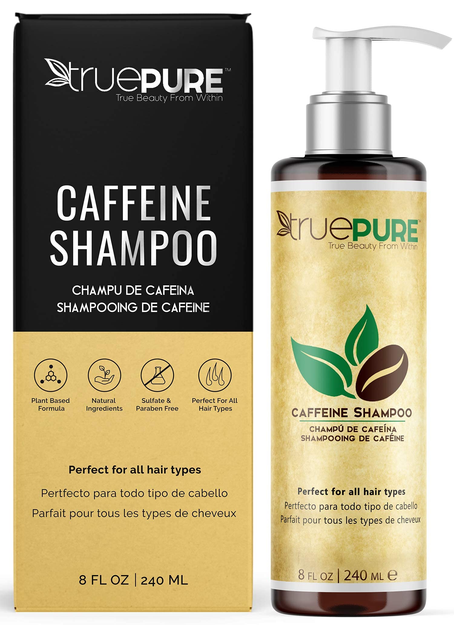 TruePure Hair Bundle - Caffeine Shampoo 8oz + Argan Oil Conditioner 8oz + Biotin Hair Growth Serum 2oz