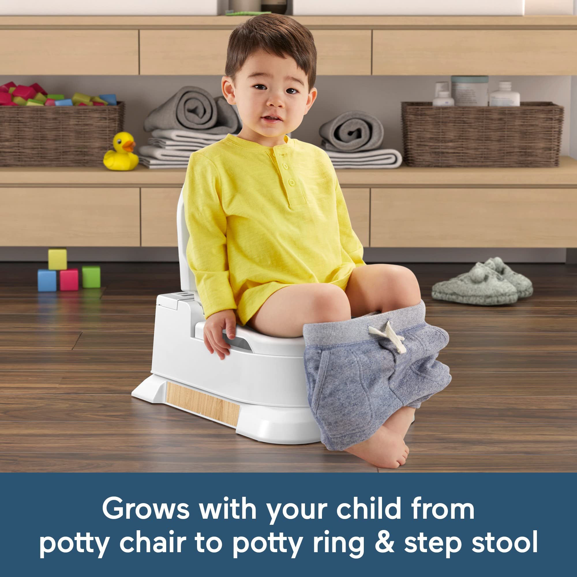 Fisher-Price Home Decor 4-in-1 Potty β Modern Infant to Toddler Potty Training Toilet and Step Stool with Removable Potty Ring, HBX68