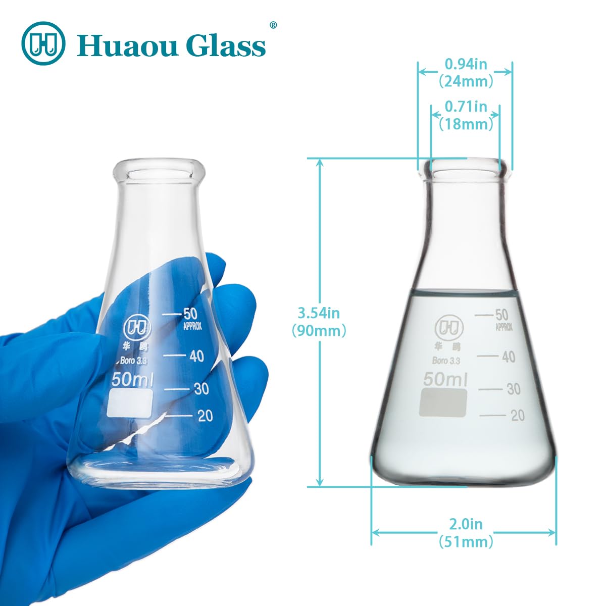 50ml Glass Erlenmeyer Flask Set, Narrow Mouth Graduated Flasks, 3.3 Borosilicate Glass, Ideal for Laboratory, Classroom or Home Use, HUAOU, Pack of 6