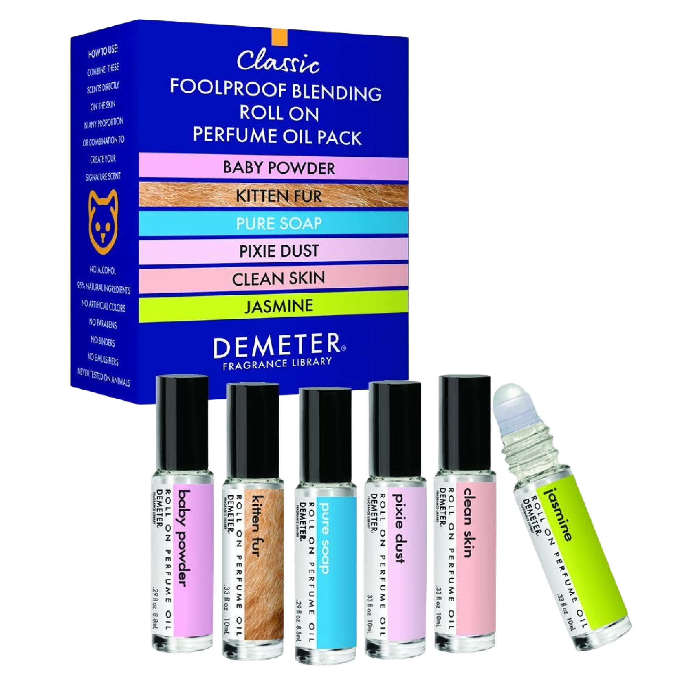 DEMETER Fragrance Library - Classic Six Piece Roll On Perfume Oil Set – Baby Powder, Kitten Fur, Pure Soap, Pixie Dust, Clean Skin, Jasmine