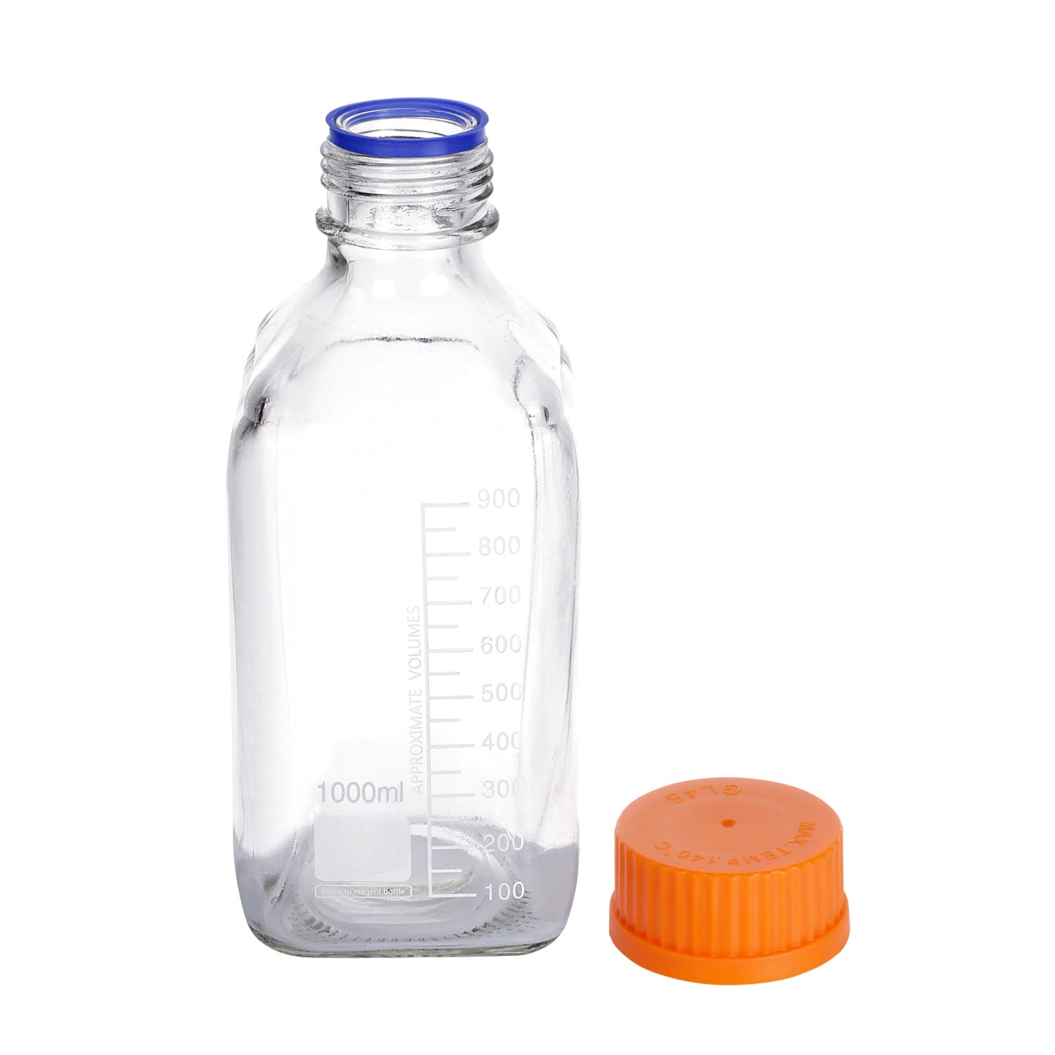 Moonetto 4 Pieces 1000ml Lab Square Graduated Glass Media Storage Bottle with GL45 Polypropylene Orange Cap