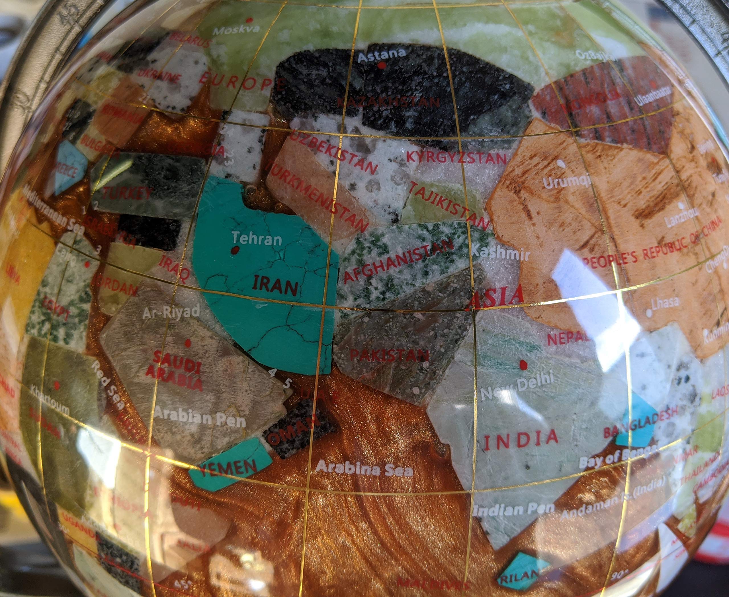 14" Tall Amber Pearl Gold Stand Gem Gemstone World Map Globe Globes Maps