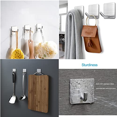Adhesive Hooks, Silver Stainless Steel Self Adhesive Hooks Heavy Duty Waterproof Wall Hangers Without Nails Kitchen Bathroom Shower Sticky Wall Hooks for Towel Loofah Hat Key Utensils - 8 Packs
