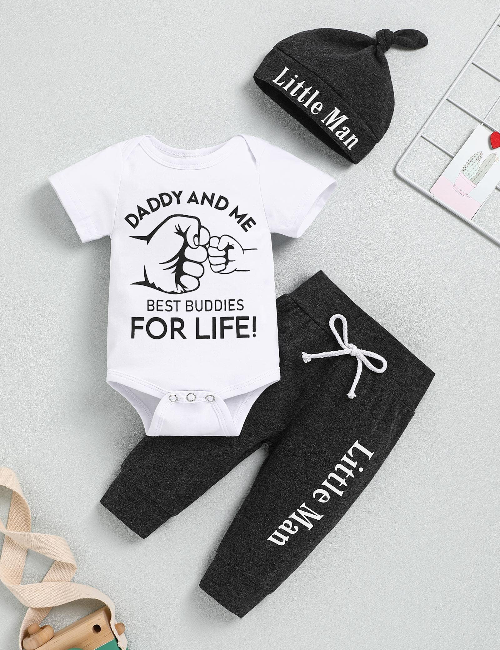 TUEMOS Baby Boy Clothes Daddy and Me The Best Buddies for Life Letter Print Romper Top+Pant with Hat Baby Boy Summer Outfits 3-6 Months
