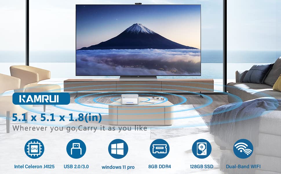 KAMRUI Mini PC Windows 11 Pro, 8GB DDR4 128GB SSD Celeron J4125 Mini Desktop Computer, Support 2.5-inch SSD, 2.4G+5.0G WiFi, 4K HDMI x2, Gigabit Ethernet, BT 4.2, Support Windows 10 Pro Micro PC