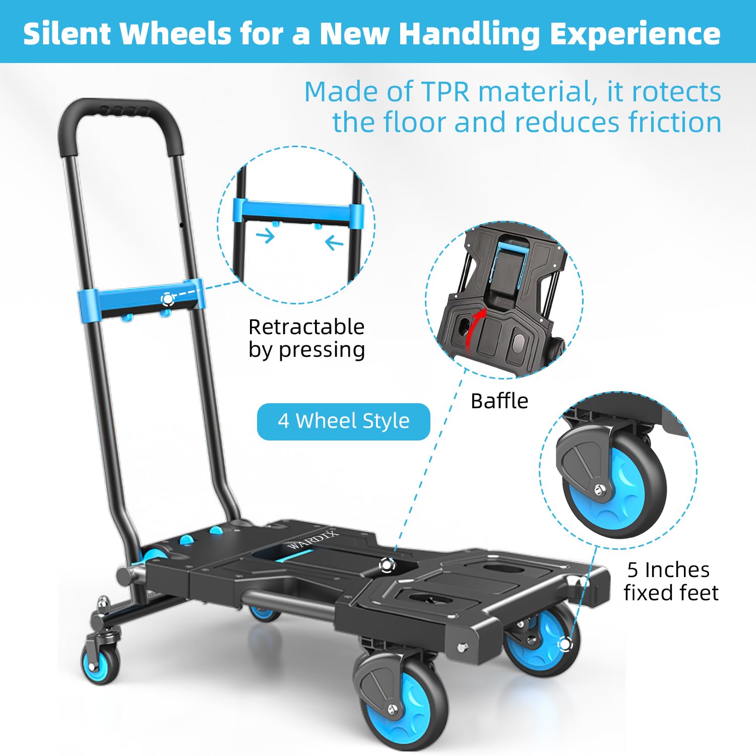 2 in 1 Folding Hand Truck Dolly with Folding Basket, 330LBS Capacity Foldable Dolly with 4 Wheels, Dolly Cart with 3-Gear Retractable Handle, Collapsible Rolling Carts for Moving