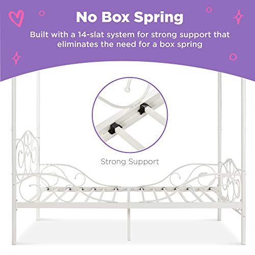 Best Choice Products 4-Post Metal Canopy Twin Bed Frame for Kids Bedroom, Guest Room w/Heart Scroll Design, 14-Slat Support System, Headboard, Footboard - White