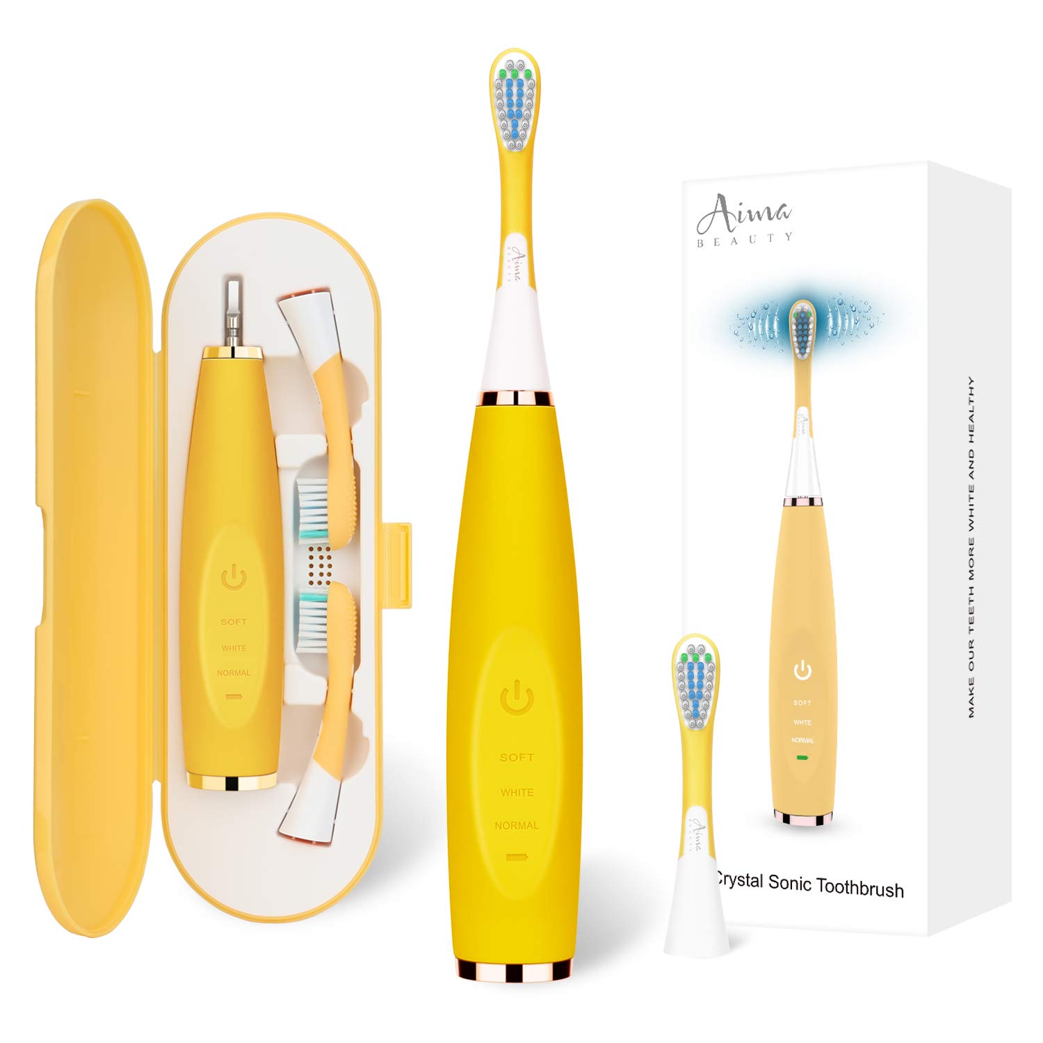 Aima Beauty Electric Toothbrush for Kids & Adults Powered Sonic Toothbrushes with Travel Case, Kinds Color of Rechargeable Whitening Tooth Brush with 2 Soft Bristles (Yellow)
