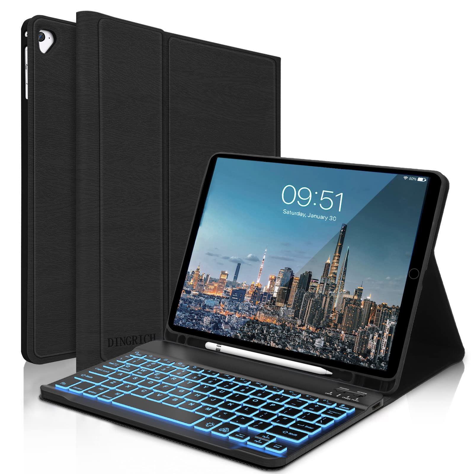 Keyboard Case for iPad 6th/5th Generation 9.7 inch, Slim Folio Smart Case with Pencil Holder for iPad Air 2, Rechargeable, Detachable Wireless Keyboard with 7 Color Backlit for iPad Pro 9.7 - Black