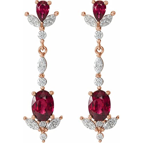 14k Rose Gold Genuine Oval & Pear Shaped Ruby & 3/4 Ct Diamond 1-3/8" Long Dangle Drop Earring Pair
