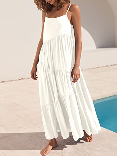 ANRABESS Women’s Summer Casual Loose Sleeveless Spaghetti Strap Tiered Asymmetric Beach Maxi Long Dress 523bai-S White