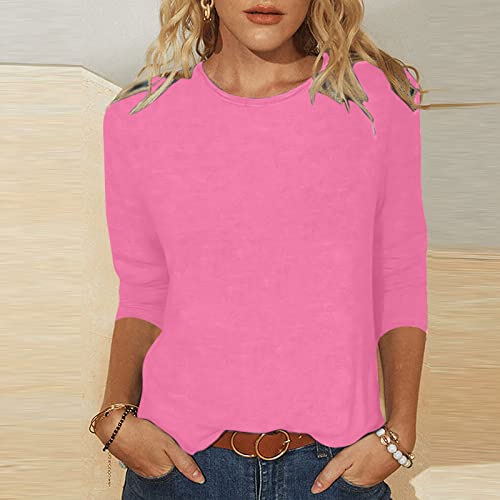 3/4 Sleeve T Shirts for Women Slim Fit Crew Neck Undershirt Womens Plain T-Shirts Tops Solid Color Tee Shirt Pink