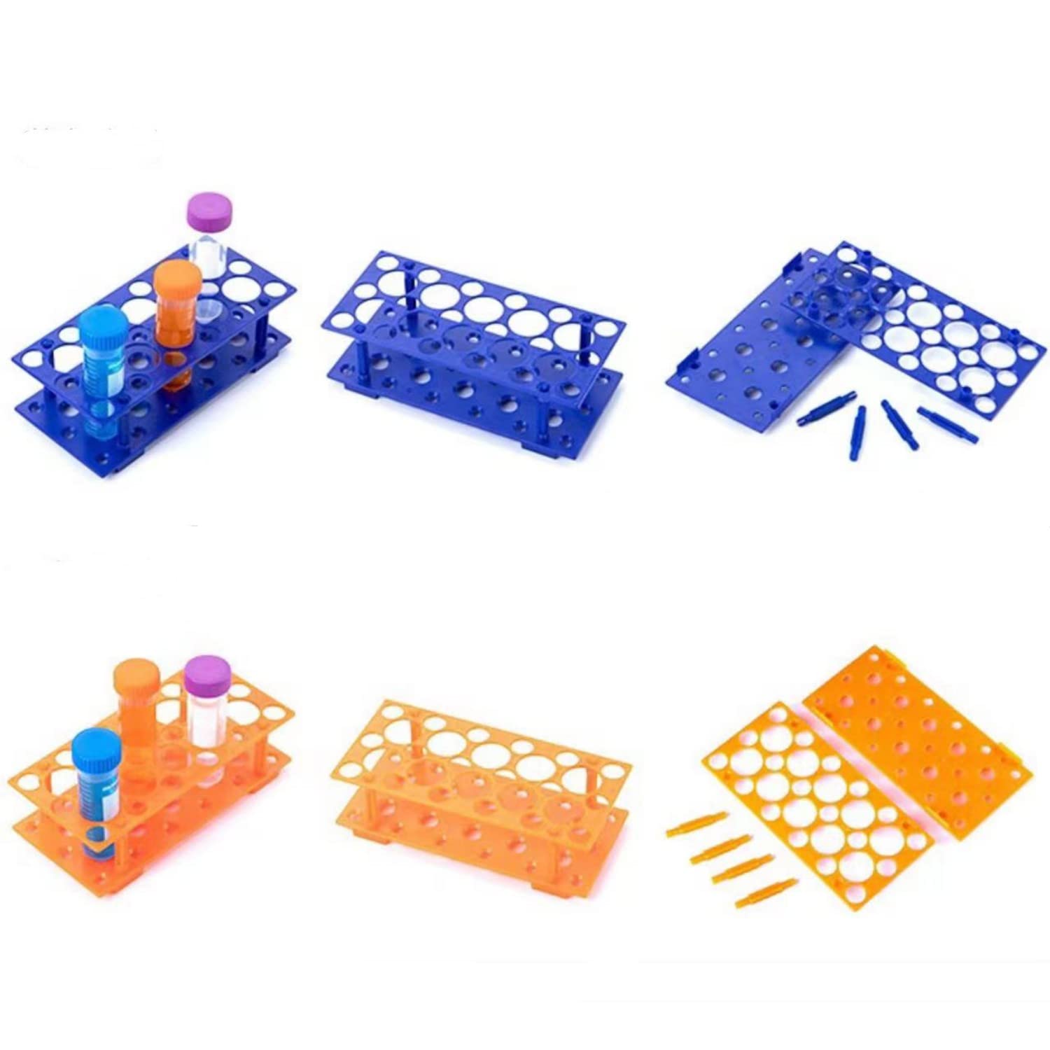 2 Pack Plastic Test Tube Racks, Centrifuge Tube Rack for 10ml/ 15ml/ 50ml, Laboratory Holder, Blue and Orang