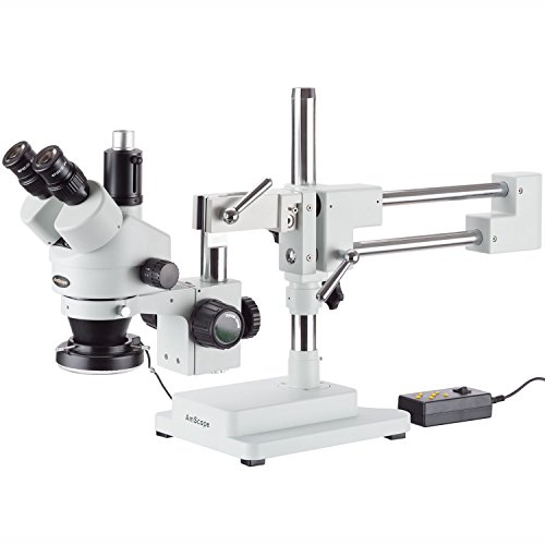 AmScope - 3.5X-90X Simul-Focal Stereo Zoom Microscope on Dual Arm Boom Stand with 144-LED Ring Light - SM-4TPZ-144