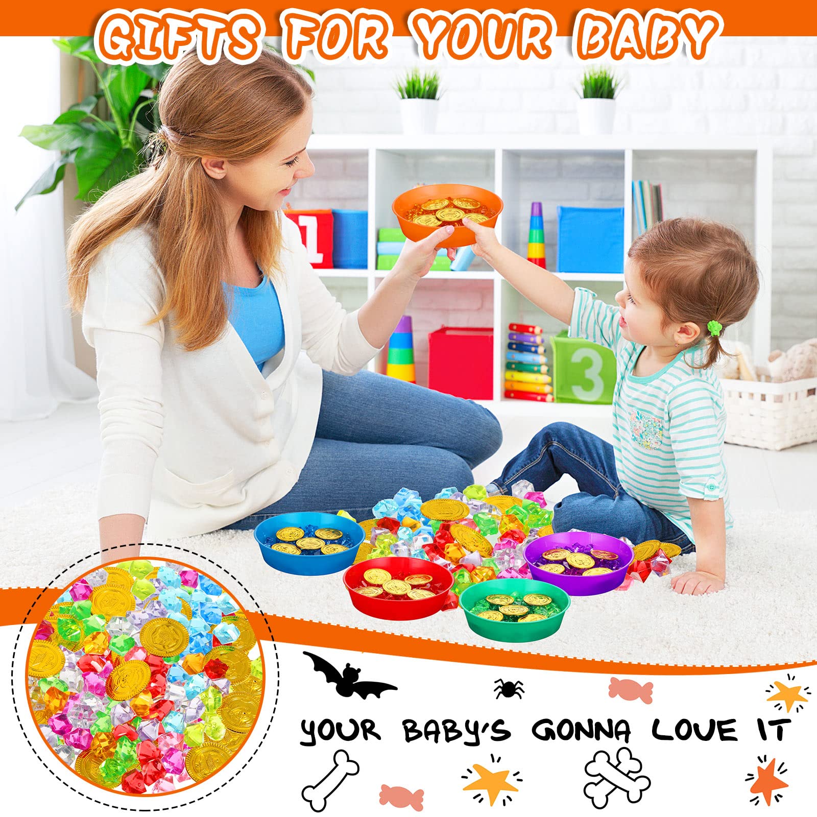172 Pcs Fine Motor Skills Toys Sensory Bin Filler Including 80 Pcs Pirate Gold Coins 80 Pcs Pirate Gems 6 Pcs Sorting Bowls 2 Pcs Scissors Clip 4 Plastic Tweezers for Education Sorting Counting