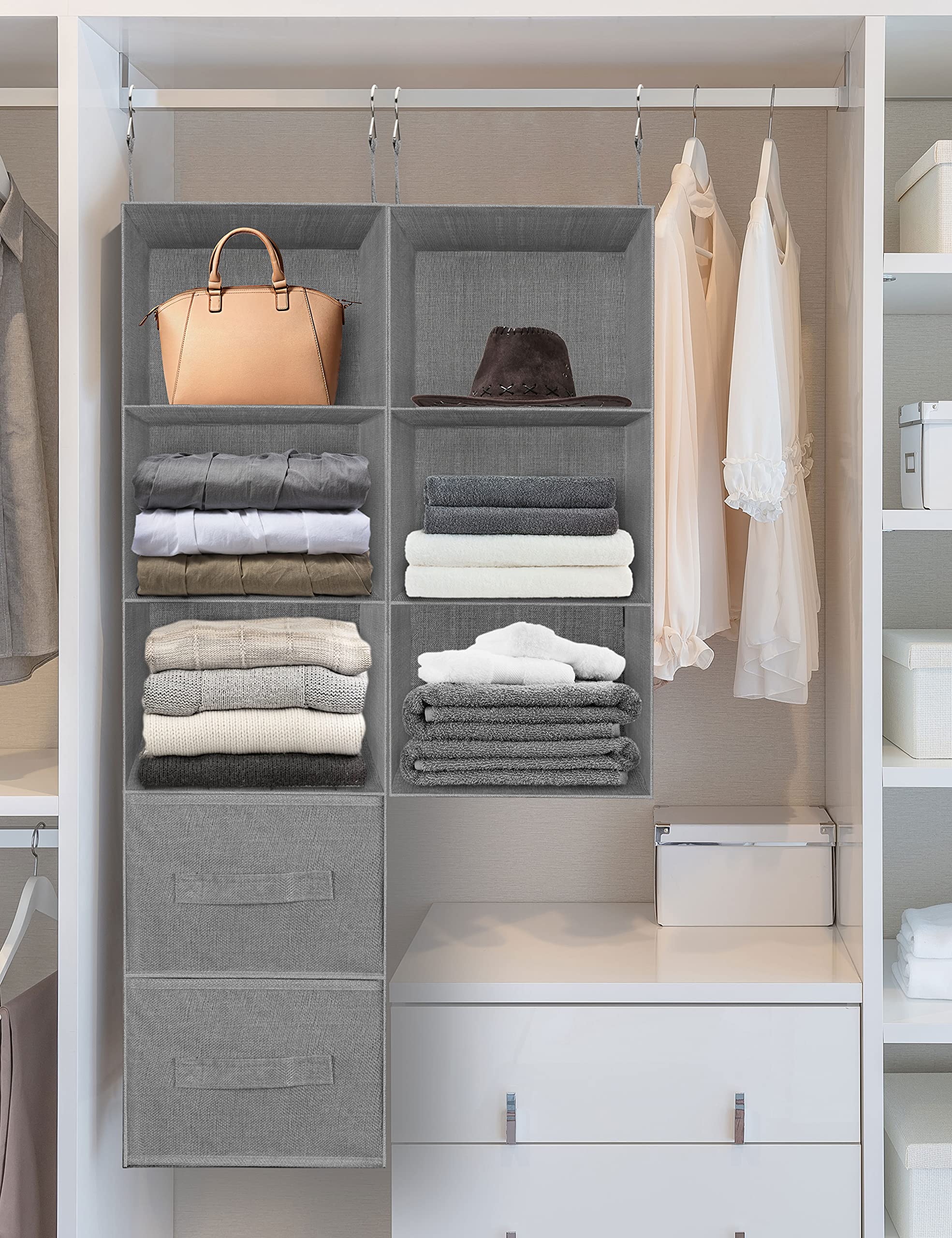 8-Shelf Hanging Closet Organizer with 2 Drawers, 3-Shelf and 5-Shelf Separable Closet Hanging Organizer,Fabric Cloth Hanging Shelf with 2 Sturdy Hooks for Home Clothes Toy Storage, Gray