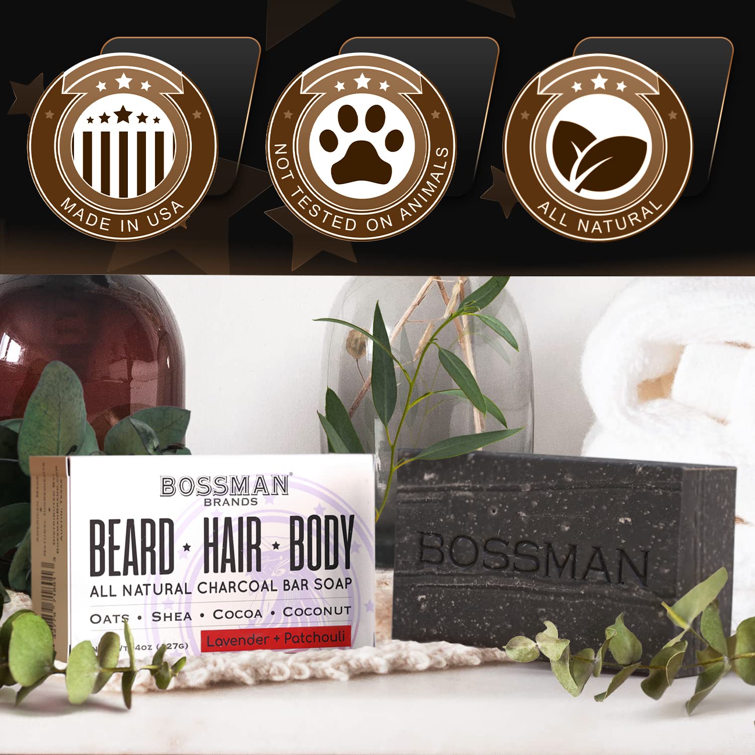 Bossman Men's Bar Soap 4 in 1 Beard Wash, Shampoo, Body Wash and Conditioner, 4 oz