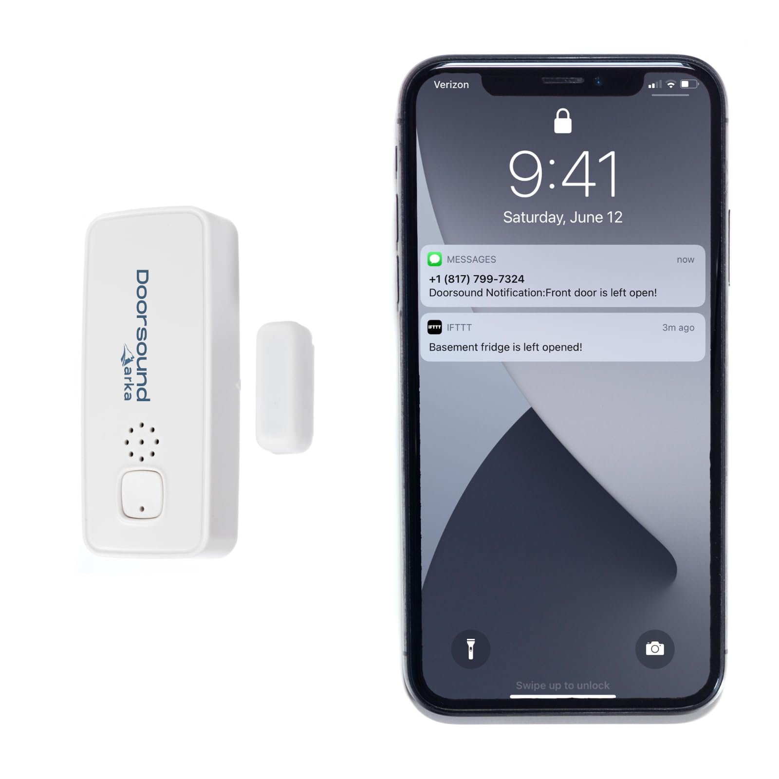 Doorsound - Freezer Refrigerator Door Left Open Alarm with Text Notification alerts, Phone Notifications, Adjustable time delay and Volume, Chime, Close Door Reminder | no hub | no Subscription