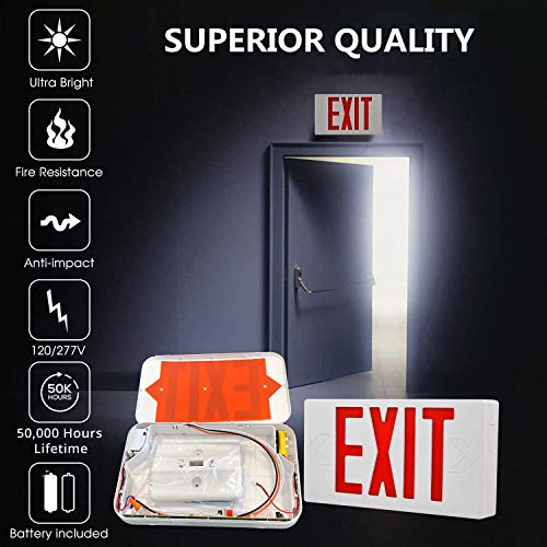 LED Exit Sign, Emergency Exit Light with Battery Backup, Double Face, UL 924, AC 120/277V, Damp Location, Hardwired Red Letter Exit Lights for Business Commercial