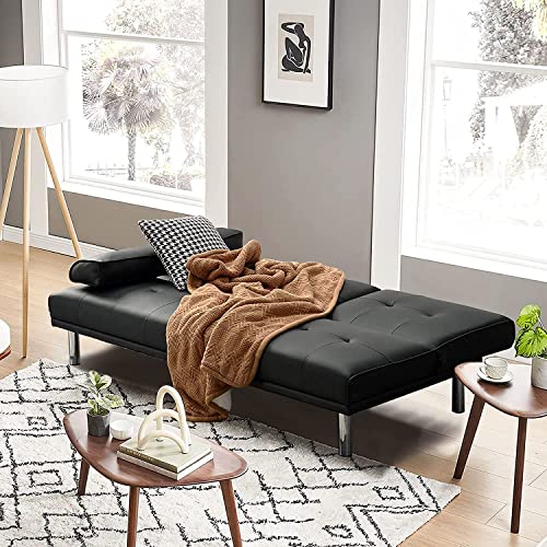 Anwick Modern Leather Futon Sofa Bed,Convertible Folding Couch Recliner Sleeper Loveseat for Small Space,Apartment,Office,Dorm,with Cup Holders and Removable Armrest Black (Black)