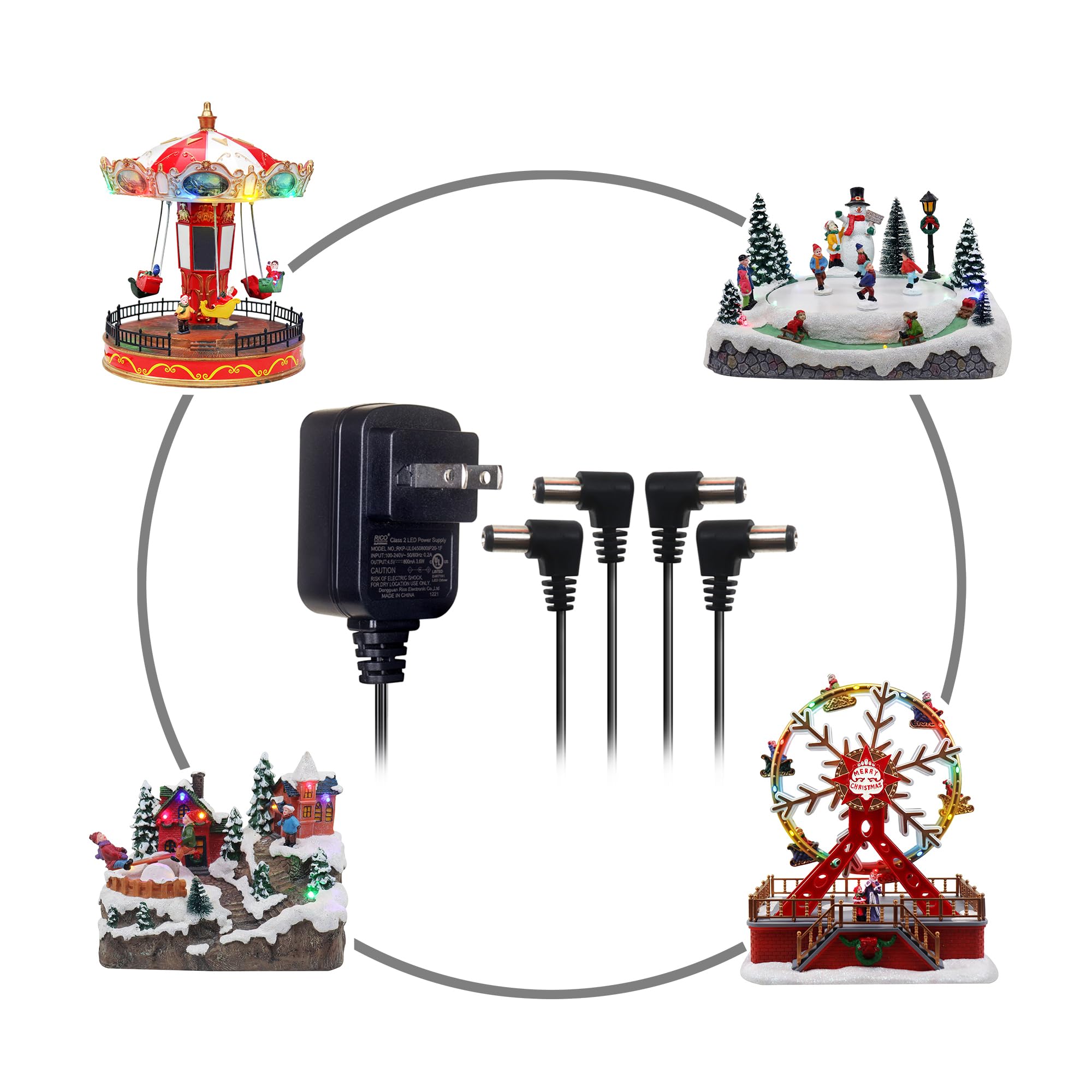 UL DC 4.5V 800mA Adapter with 4 Output Jacks for Christmas Village Displays - Not Compatible with Lemax Village