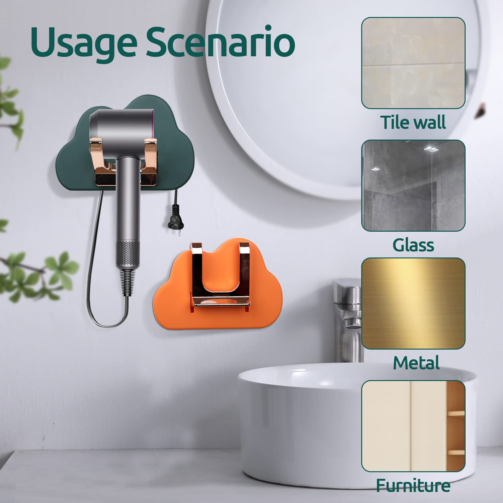 2 Pack Universal Hair Dryer Holder Wall Mounted, Blow Dryer Hanger Wall Mount for Hair Dryer Hook with Plug&Cord Organizer Self Adhesive for Cabinet Bathroom(Orange and Green)