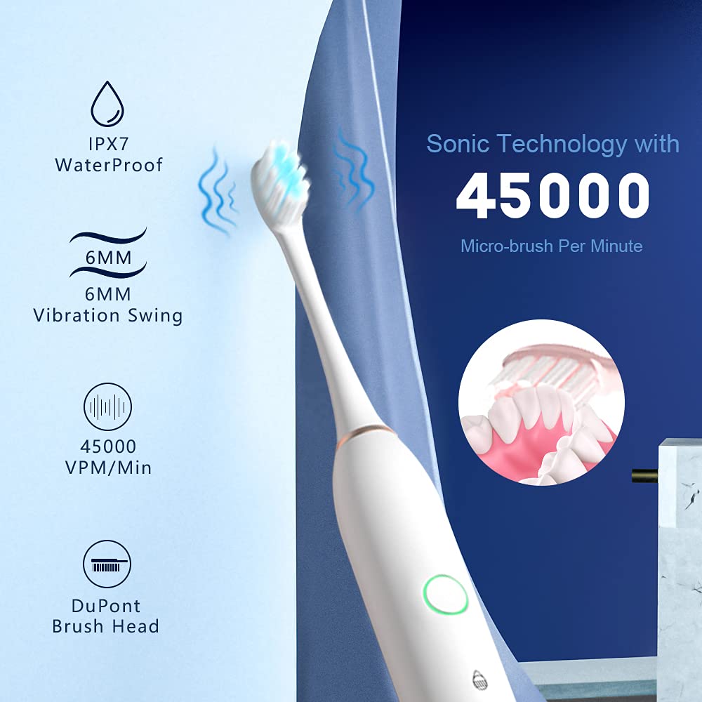 2 Pack Rechargeable Electric Toothbrushes for Adults and Kids, Sonic Whitening Tooth Brush with 8 Brush Heads, 6 Cleaning Modes and Smart Timer, Waterproof Cleaning Toothbrushes Set(pink&white)