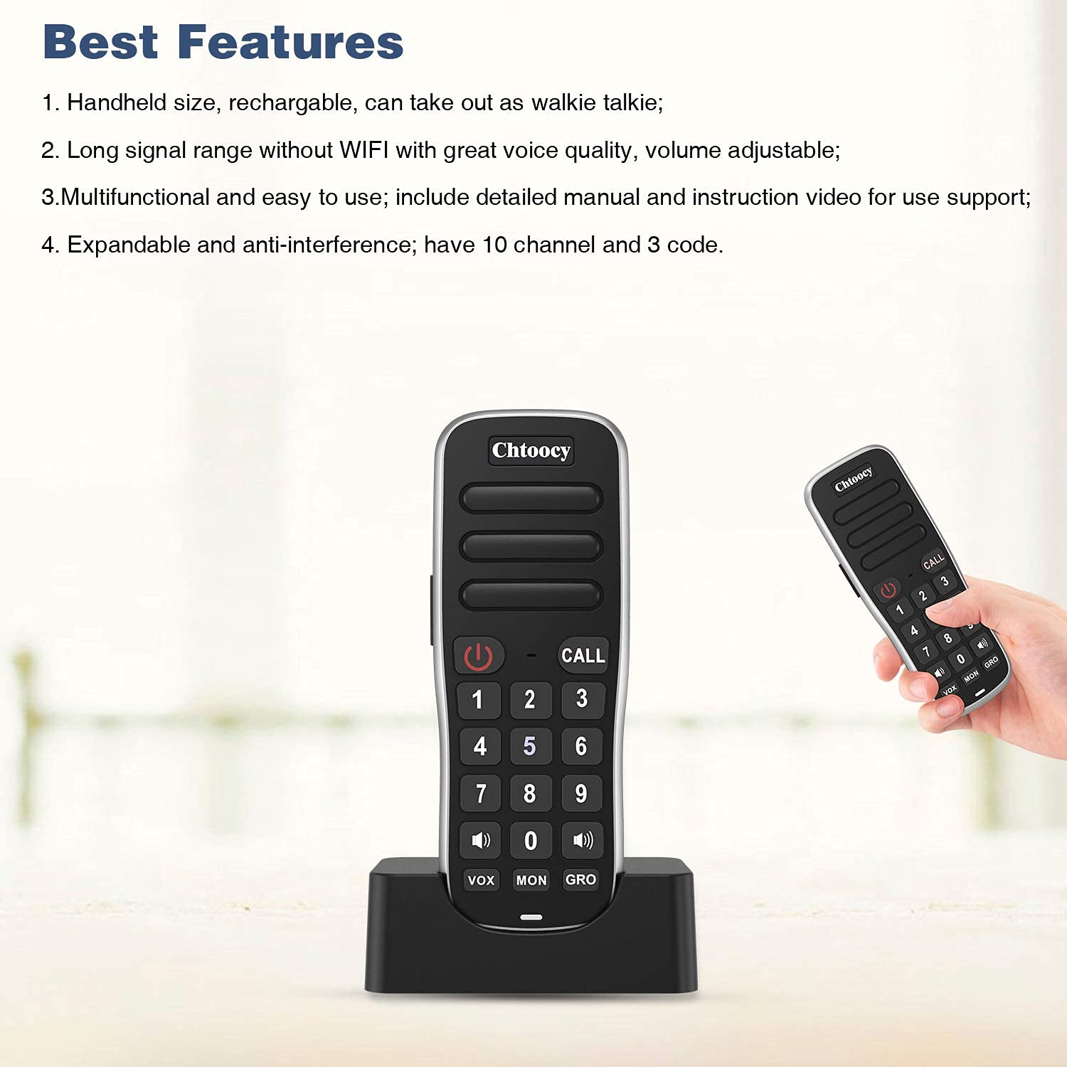 Chtoocy Rechargeable Intercoms Wireless Handheld for Home 1 Mile Range 10 Channel, Chtoocy Rechargeable Wireless Intercom System for Home Business Office, Family Communication System (3 Packs, Black)