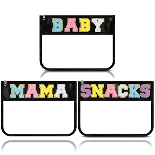 3 Pieces Chenille Letter Clear Zipper Pouches PVC Travel Pouch Waterproof Make up Bag Baby Preppy Snack Bags Clear Cosmetic Bags Mama Toiletry Small Makeup Organizer for Women Girls Kids Gifts