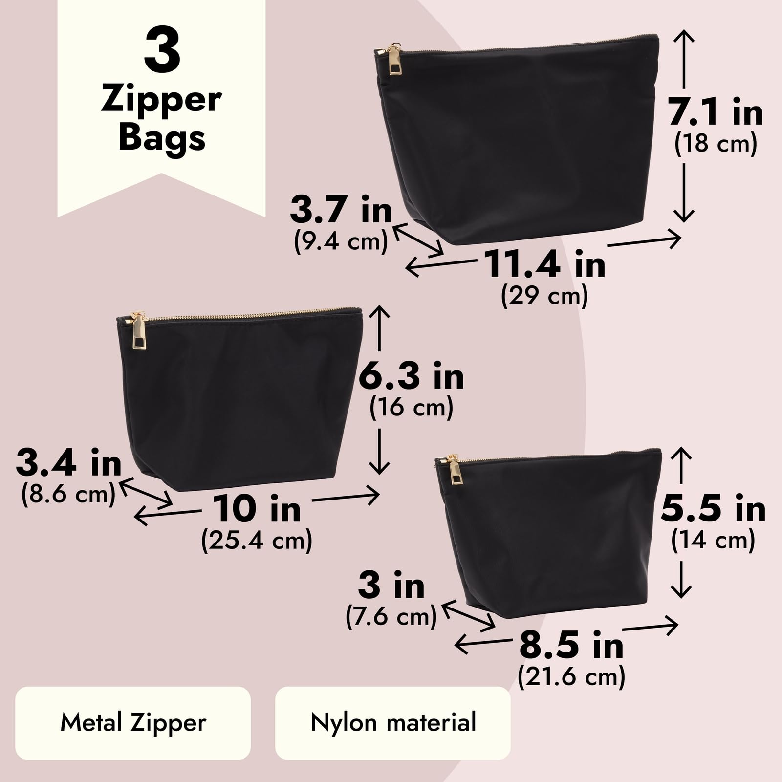 Glamlily 3 Piece Black Makeup Bag Set for Women, Nylon Zipper Cosmetic Pouch Organizers for Travel, Toiletries (3 Sizes)
