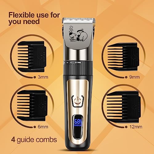 AJELU Dog Clippers, Cordless Low Noise Rechargeable Electric Dog Grooming Clipper Kit, Adjustable Clipper Comb & Detachable Blades Dog Trimmer, Suitable for Dogs, Cats, Pets