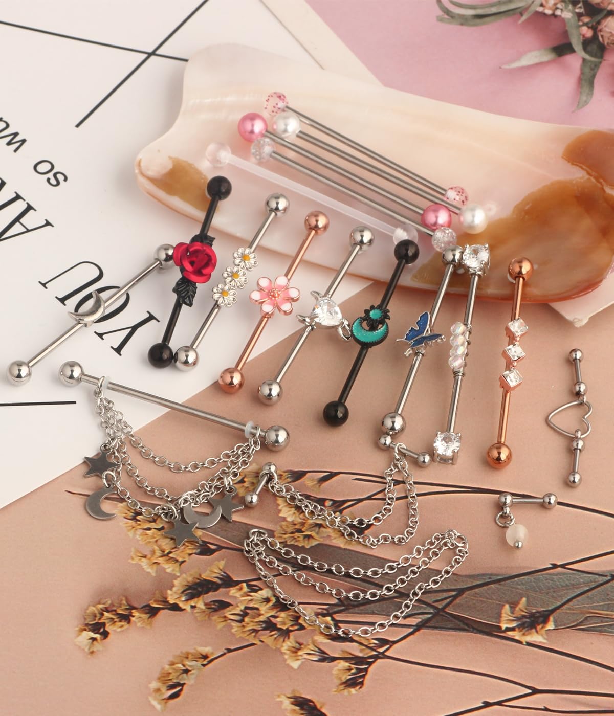 14G Industrial Barbell Earrings Stainless Steel Long Cartilage Helix Conch Body Piercing Jewelry 7-18pcs (Set #1)