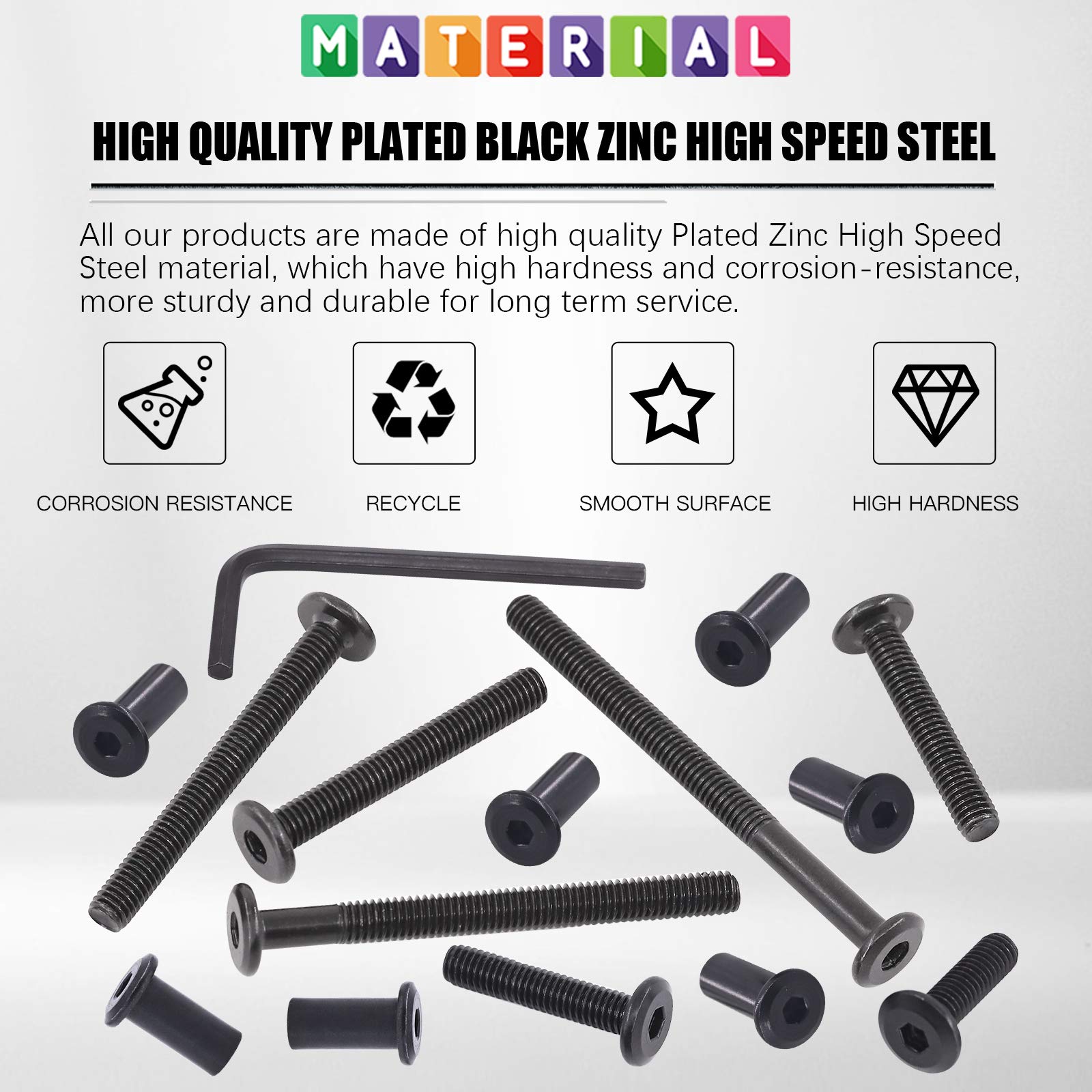 Glarks 85Pcs M6x20/ 30/40/ 50/60/ 70/ 80mm Black Hex Drive Socket Cap Bolts Kit, Allen Head Countsunk Furniture Crib Bolts Nuts Screws for Chair Table Cabinets