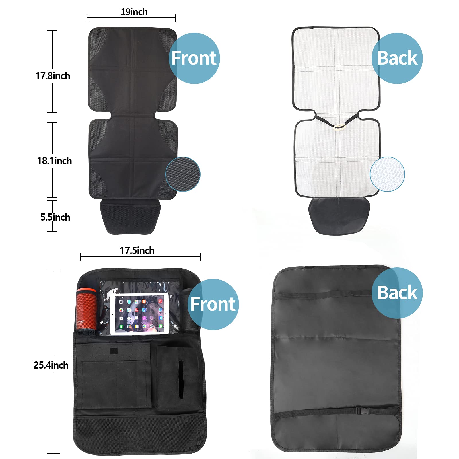 Car Seat Protector for Child Car Seat + Car Organizer Back Seat 4 Pack Kick Mat Car Seat Cover for Baby Carseat Waterproof for Leather CarSeats