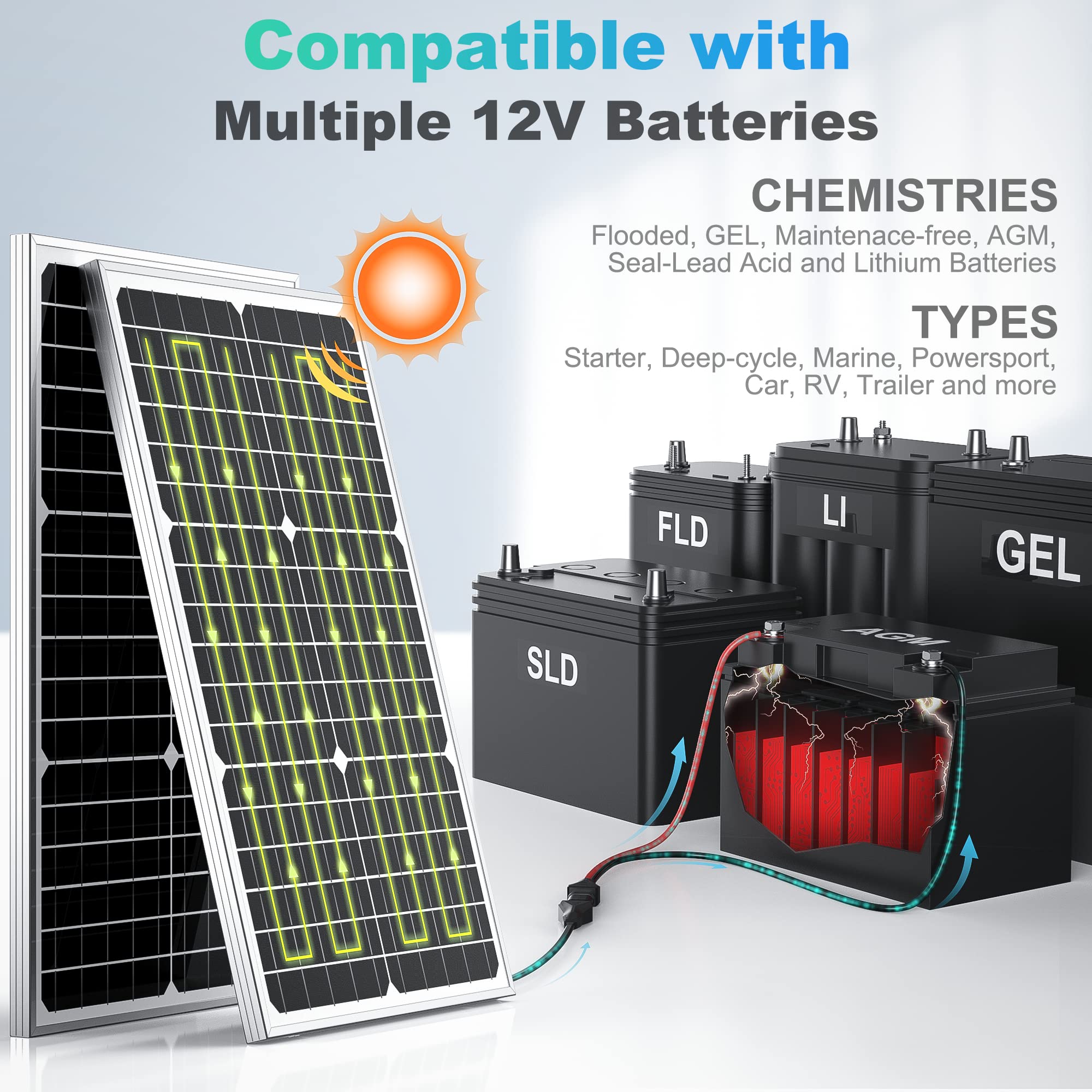 12V Waterproof Solar Battery Trickle Charger & Maintainer - 30 Watts Mono Solar Panel Built-in Intelligent MPPT Charge Controller + Adjustable Mount Brackets for Pole Dia 2.35-4.0inch/60-100mm